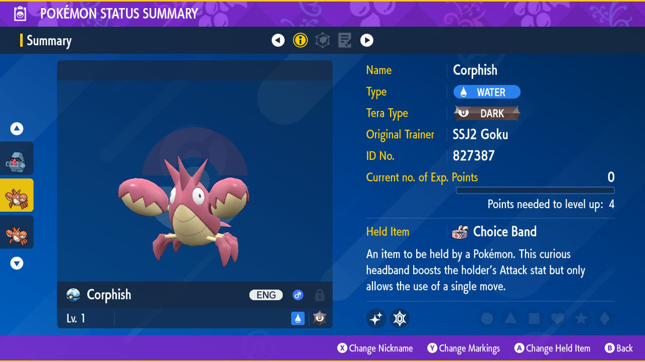 Pokemon Scarlet and Violet Shiny Corphish 6IV-EV Trained – Pokemon4Ever